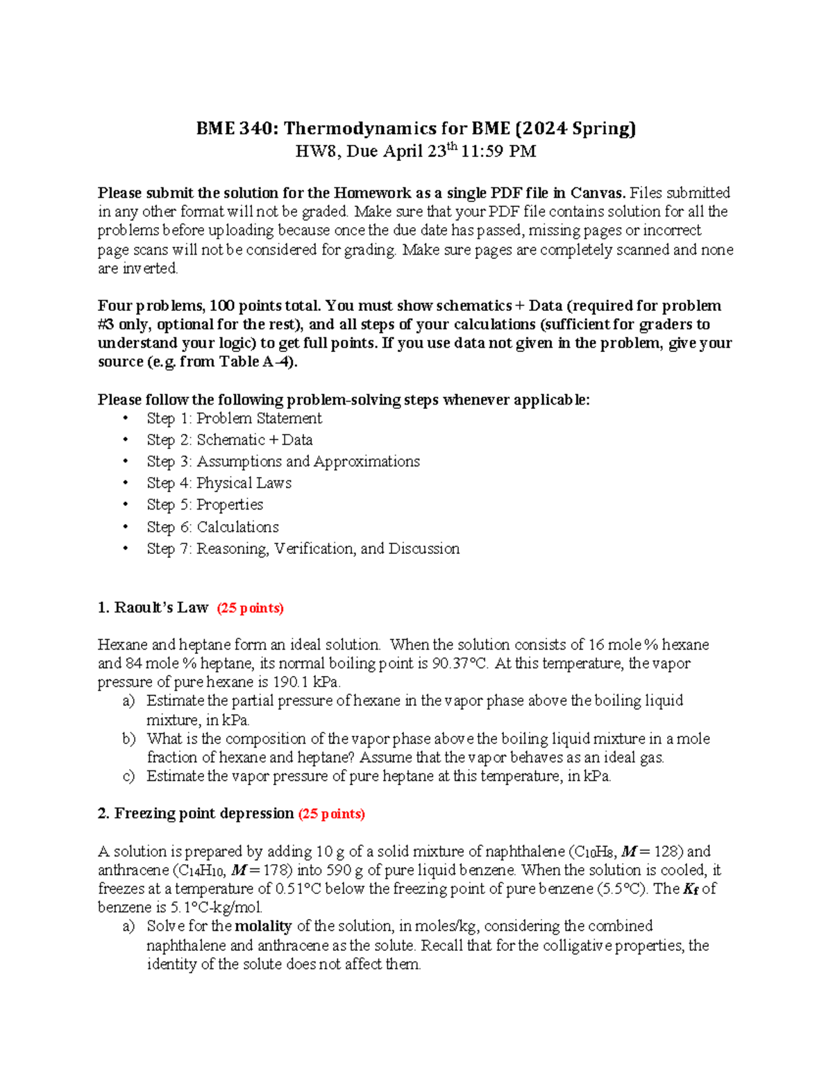 Thermo Practice Problems - BME 340: Thermodynamics for BME (202 4 Spring) HW 8 , Due April 23 th ...