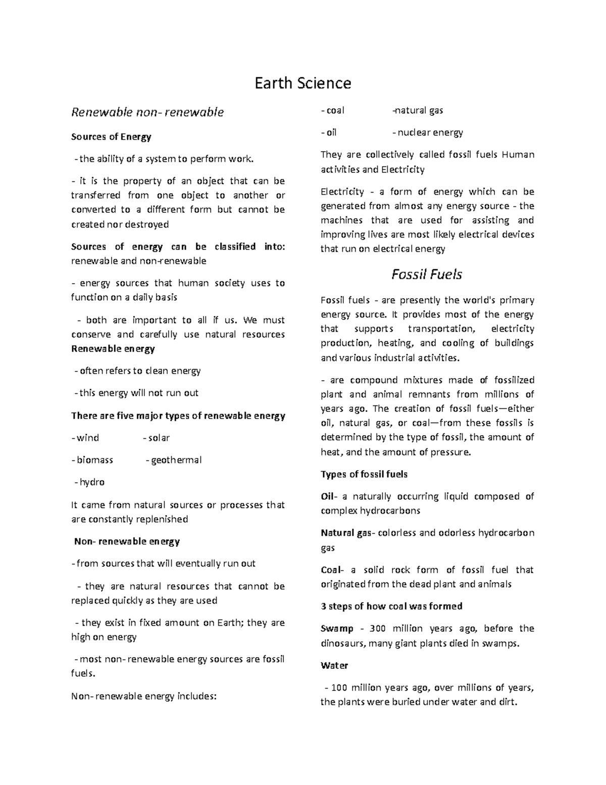 Earth Science reviewer - Earth Science Renewable non- renewable Sources ...