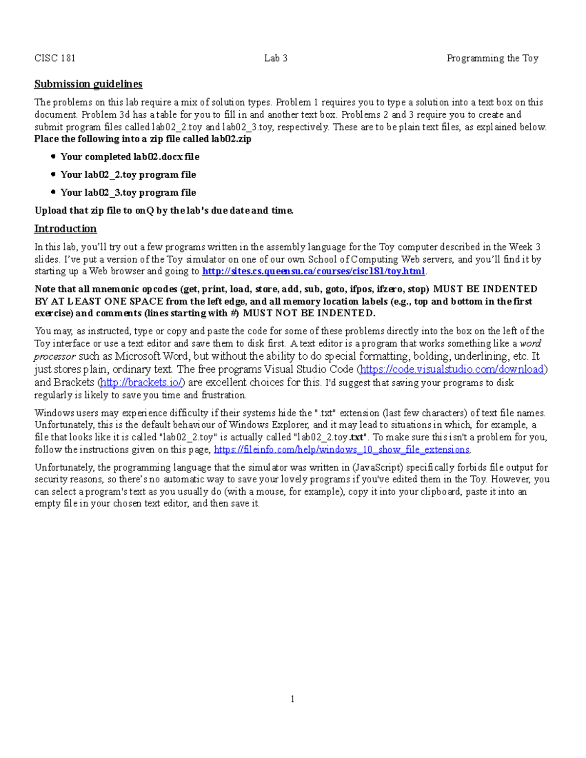 Lab03 solution assignment - CISC 181 Lab 3 Programming the Toy Submission guidelines The ...