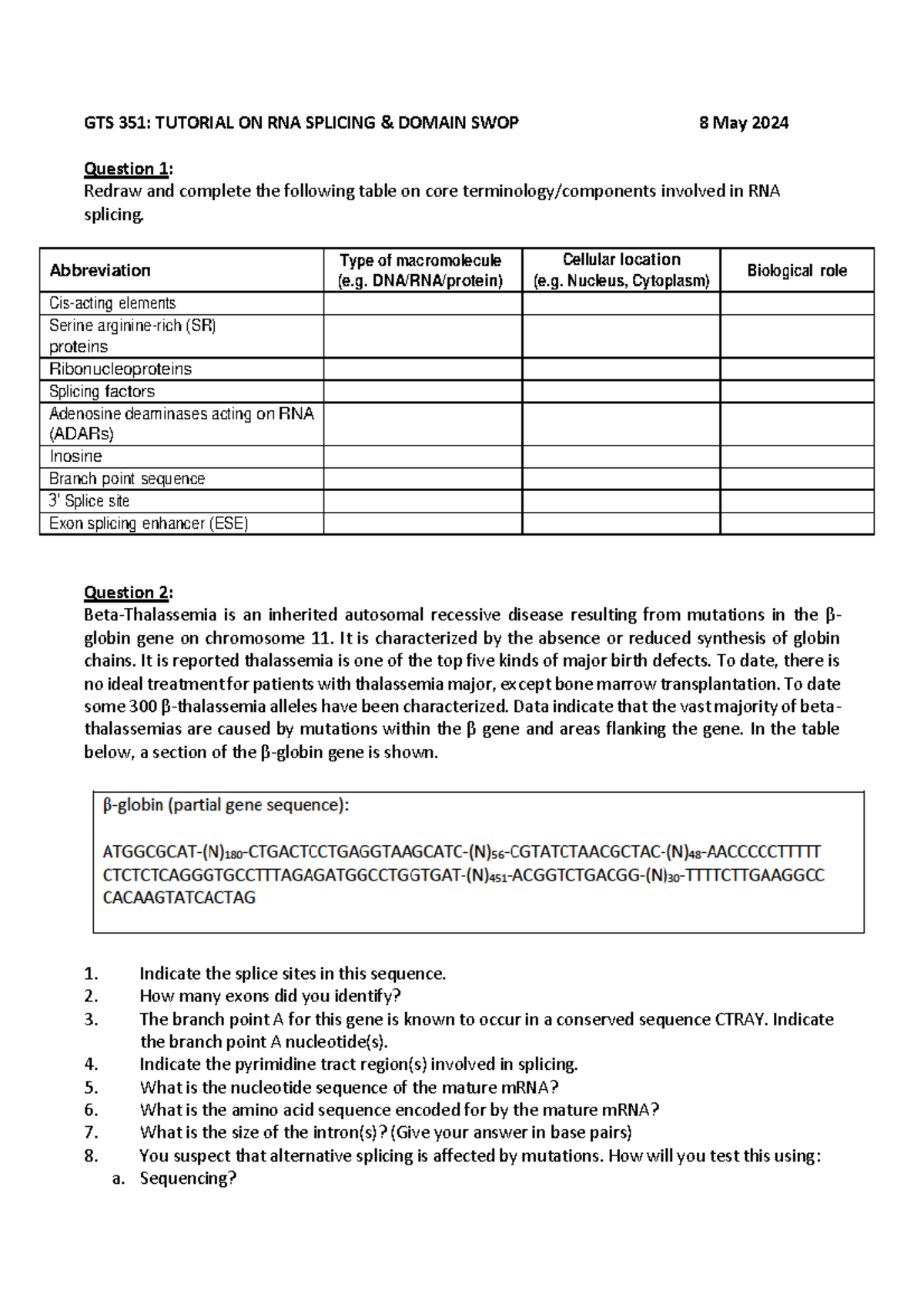 GTS351 Tut 08May - NOTES - GTS 351: TUTORIAL ON RNA SPLICING & DOMAIN ...