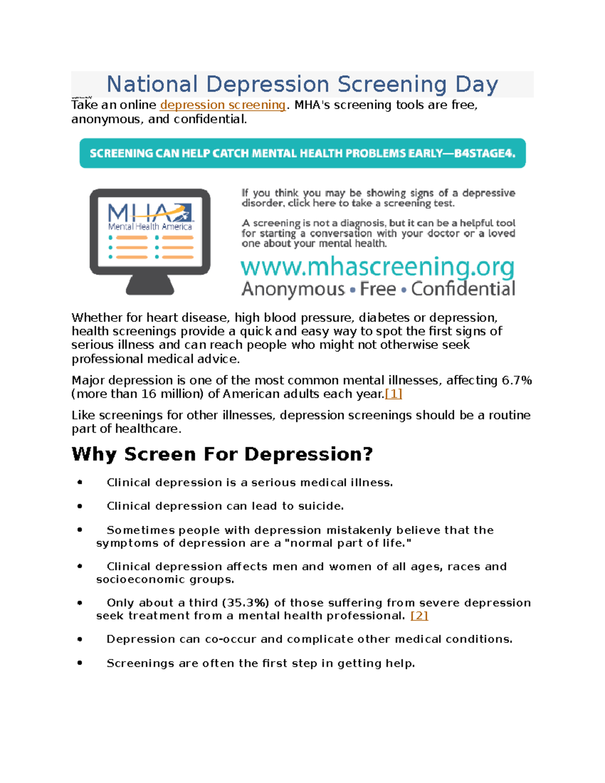 National Depression Screening Day assignment - National Depression ...