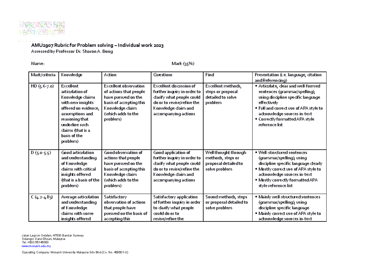 Rubric 2023 - problem solving (ind) - AMU2907 Rubric for Problem solving – Individual work 2023 ...