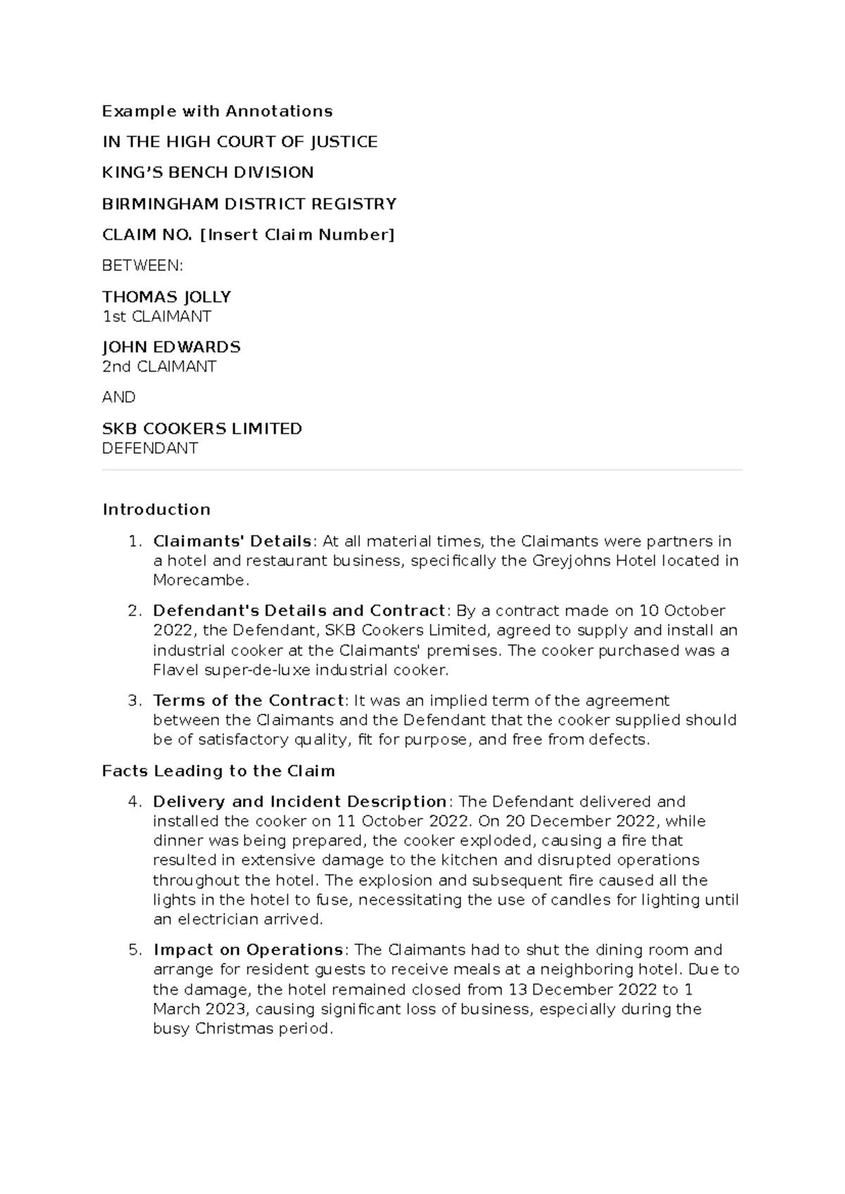 Annotated particulars of claim - Example with Annotations IN THE HIGH ...