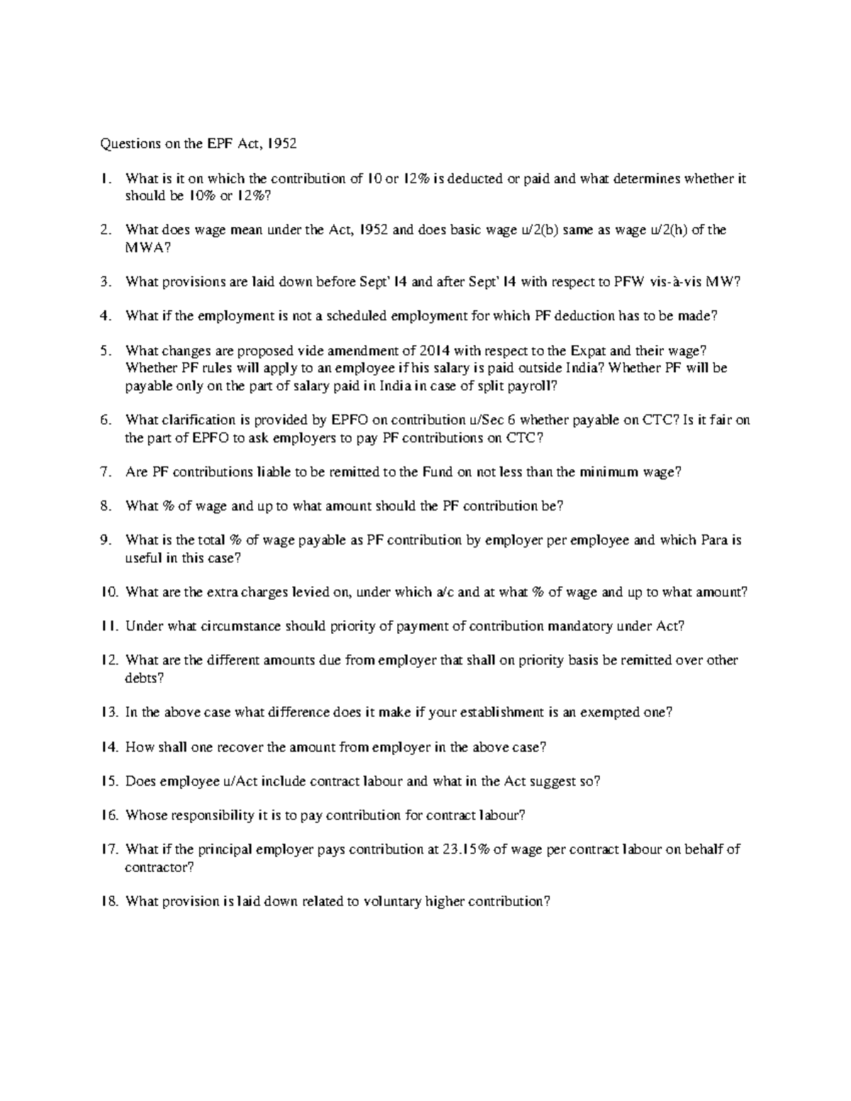 EPF Questions - self explanatory text - Questions on the EPF Act, 1952 ...