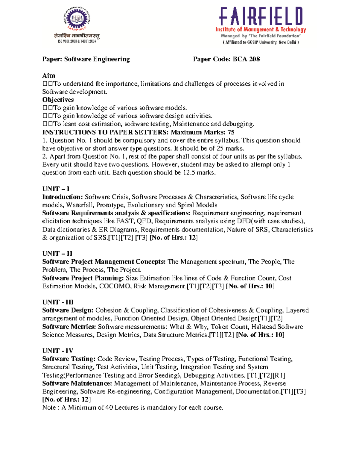 Bca208 - Its lecture notes - Paper: Software Engineering Paper Code ...
