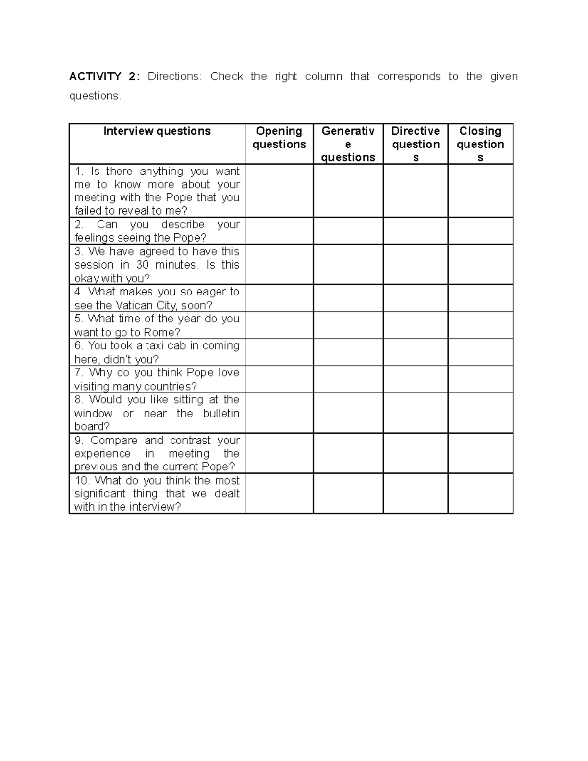 Activity 2 Research - SDFS - ACTIVITY 2: Directions: Check the right column that corresponds to ...