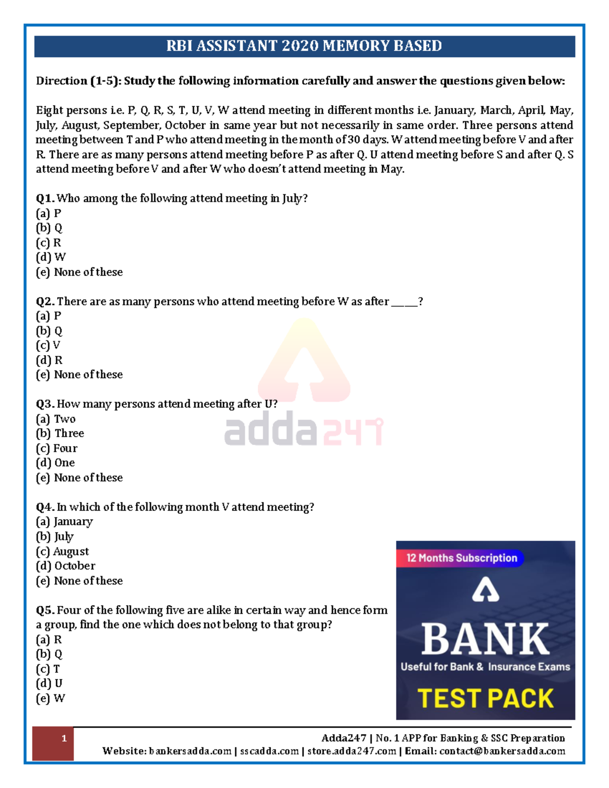 RBI Assistant 2020 Memory Based Questions - 1 Adda247 | No. 1 APP for Banking & SSC Preparation ...