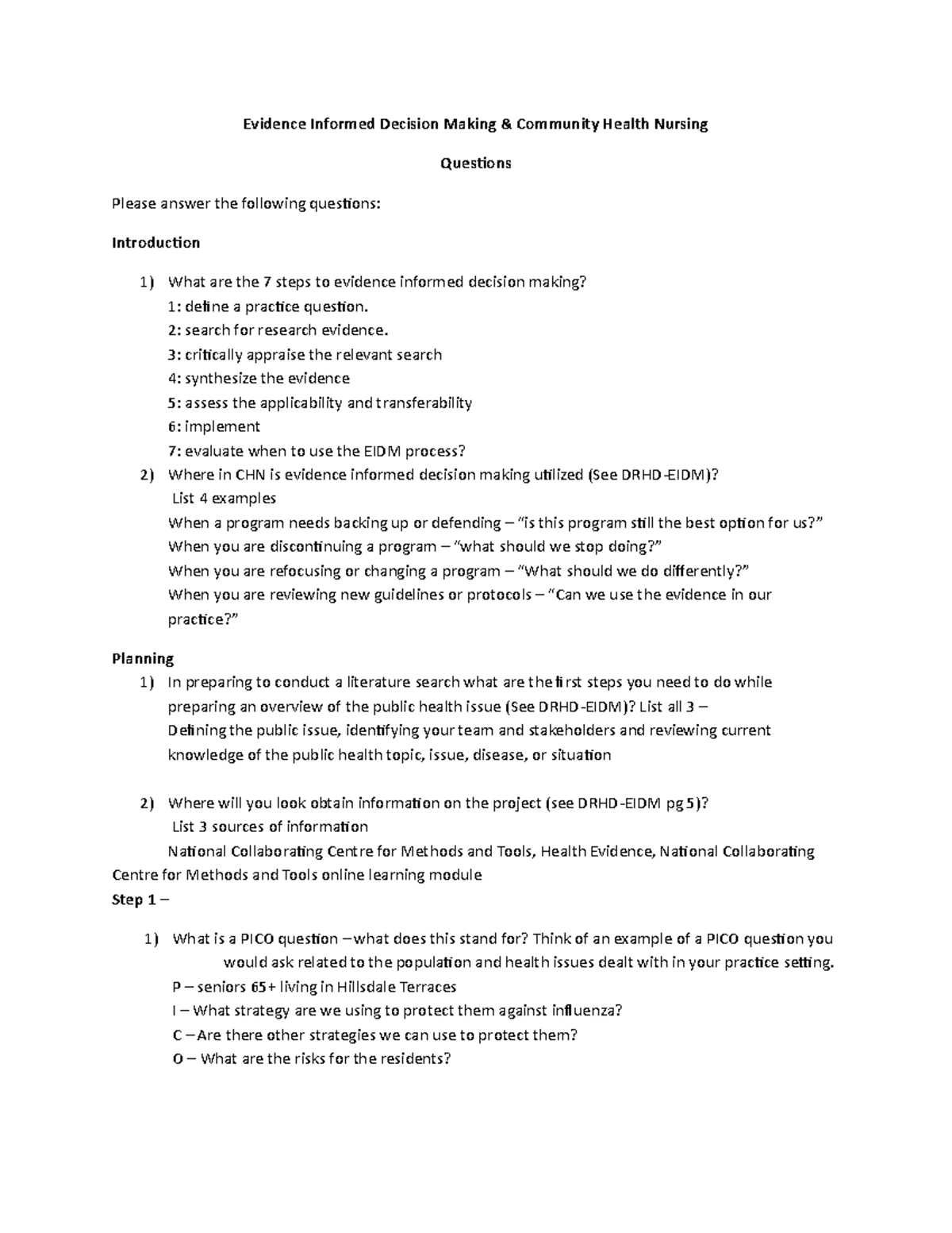 EIDM Questions - EIDM question answers - Evidence Informed Decision Making & Community Health ...