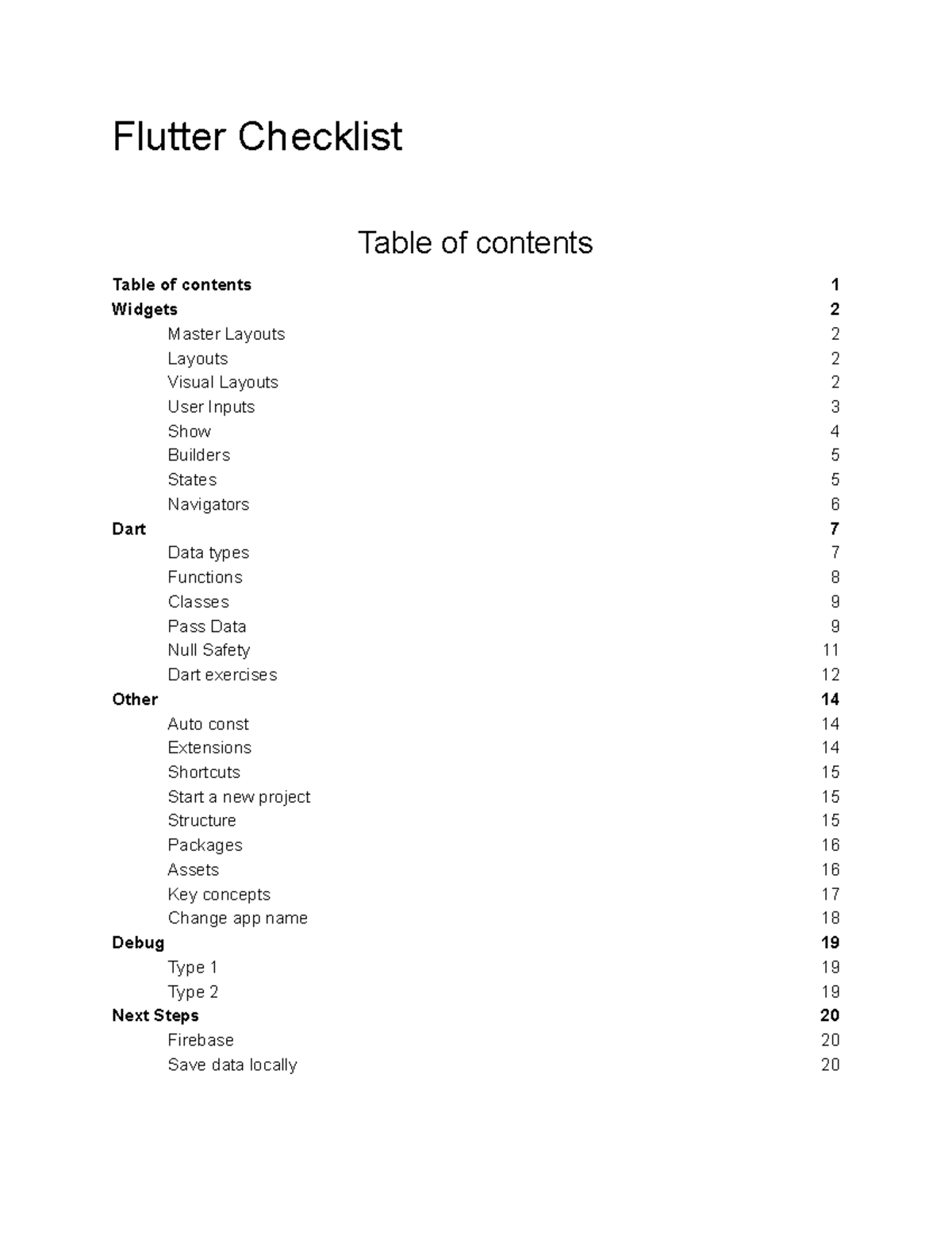 Flutter Checklist - Flutter Checklist Table of contents Table of ...