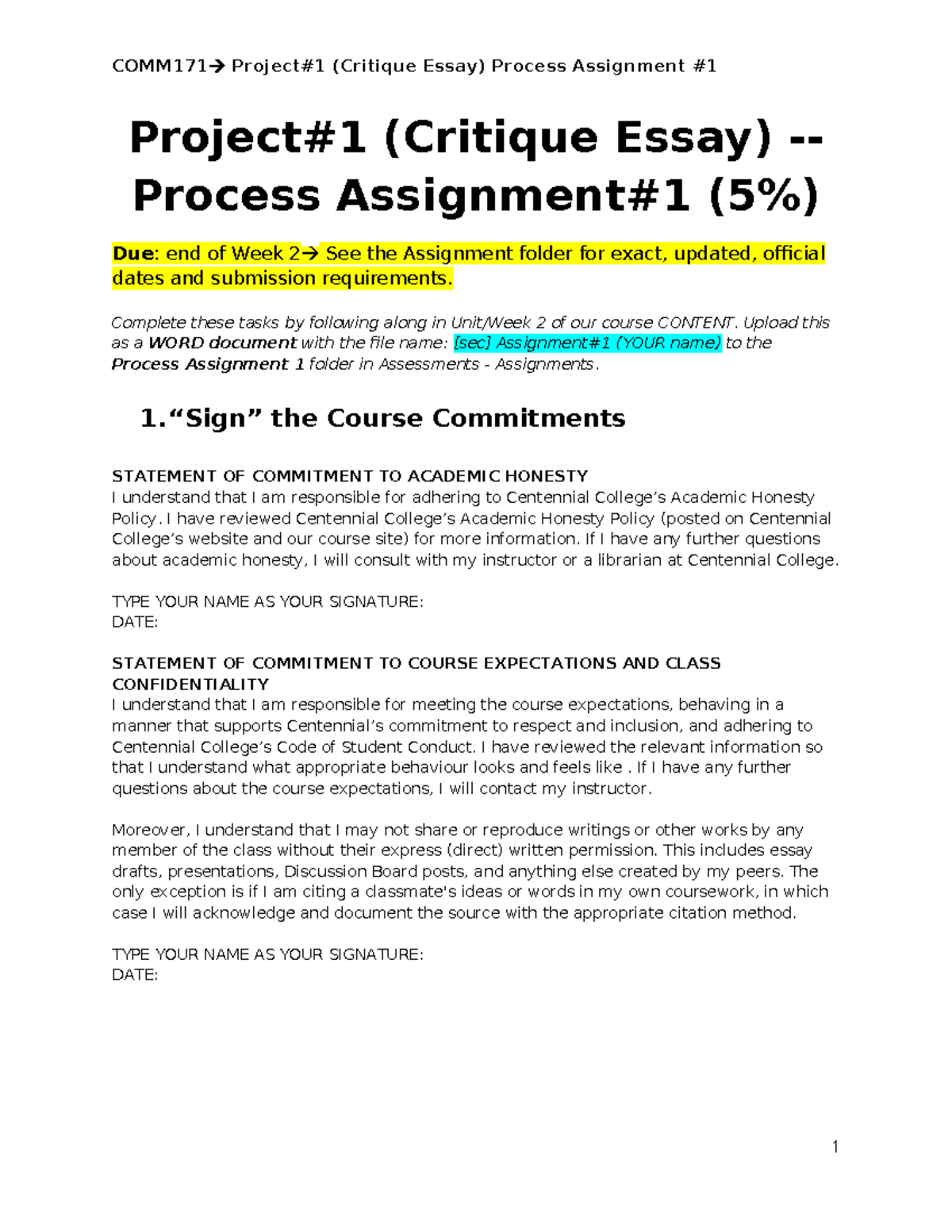 Project#1 Process Assigment#1 (5%) - Project#1 (Critique Essay) - Process Assignment#1 (5%) Due ...