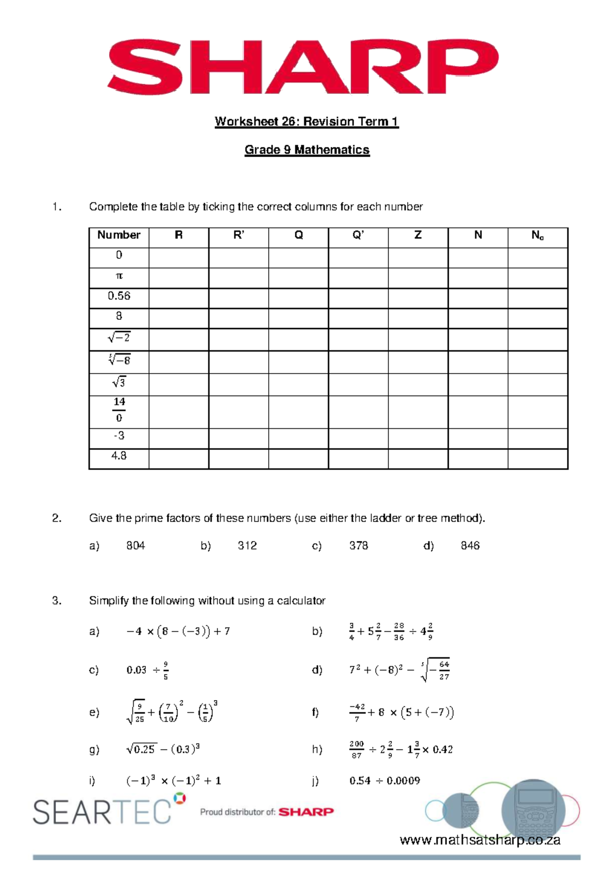 Worksheet 26 revision term 1 grade 9 maths - Worksheet 26: Revision ...