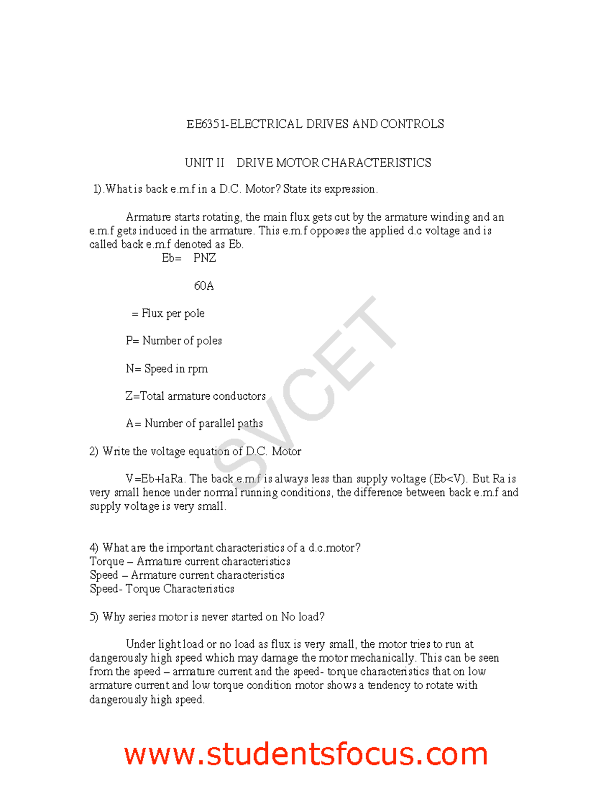 Unit2 - edc - UNIT II DRIVE MOTOR CHARACTERISTICS 1).What is back e.m in a D. Motor? State its ...