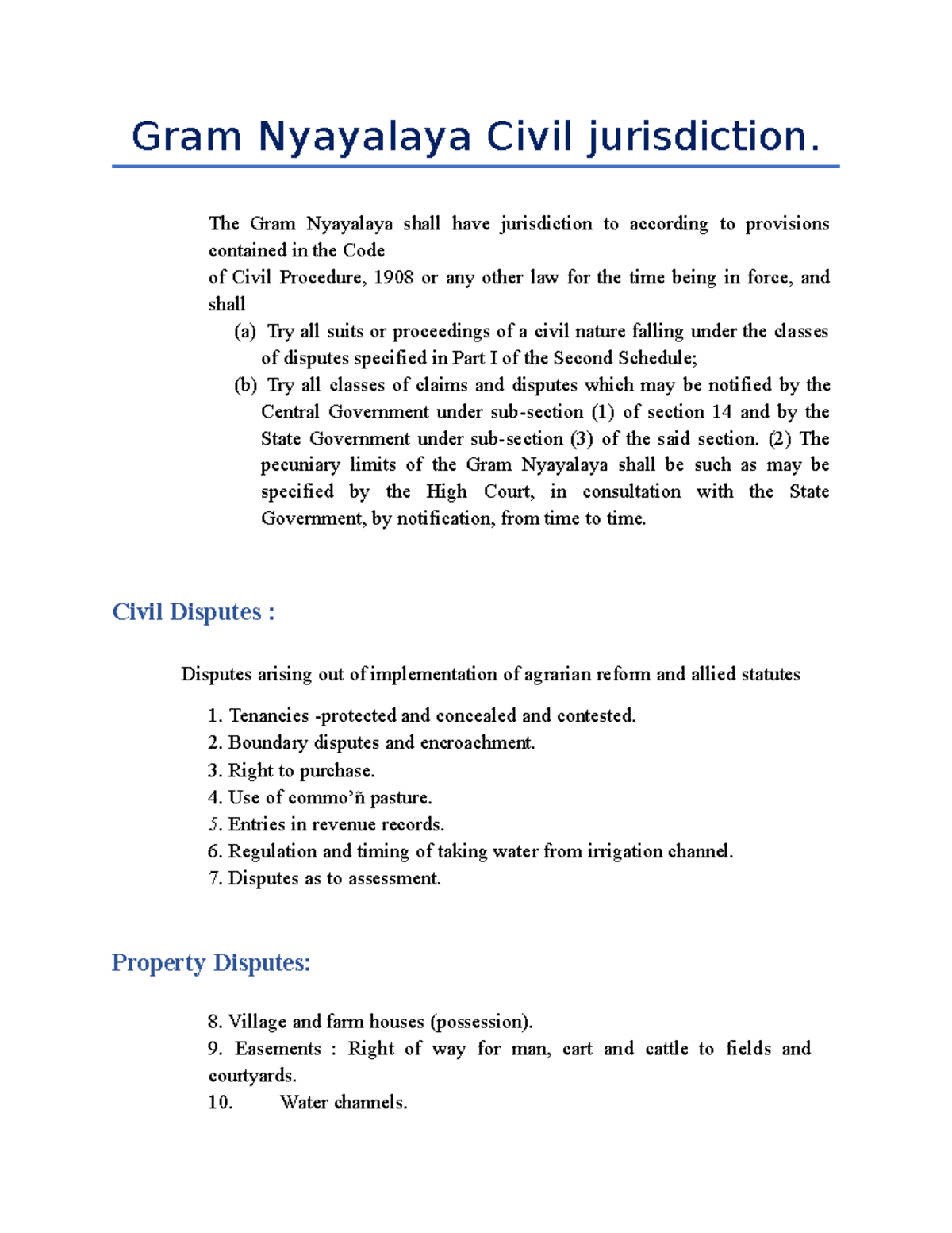 Gram Nyayalaya Civil jurisdiction - The Gram Nyayalaya shall have ...
