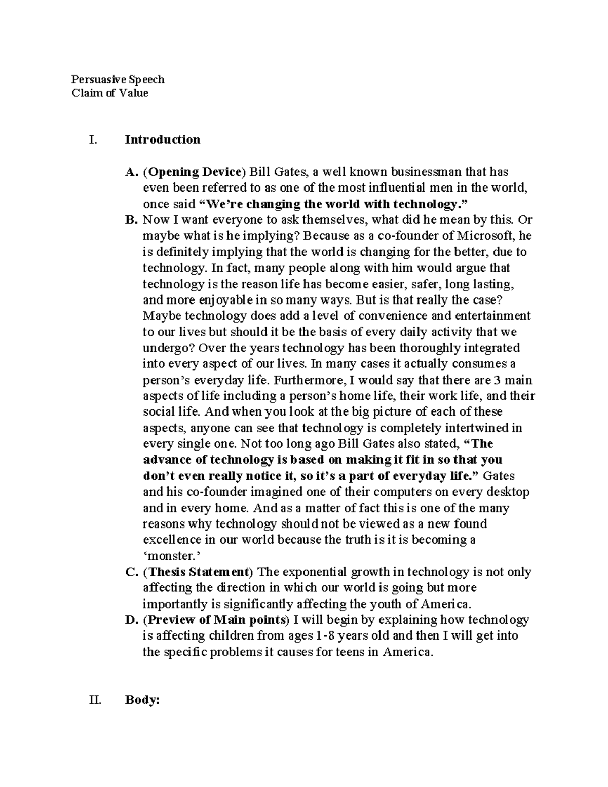 Persuasive Speech Outline - Persuasive Speech Claim of Value I ...