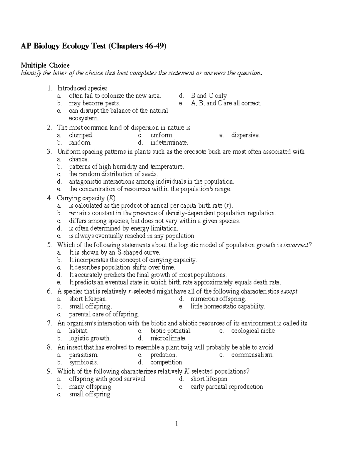 AP Biology Ecology Test (Chapters 46-49) - AP Biology Ecology Test ...