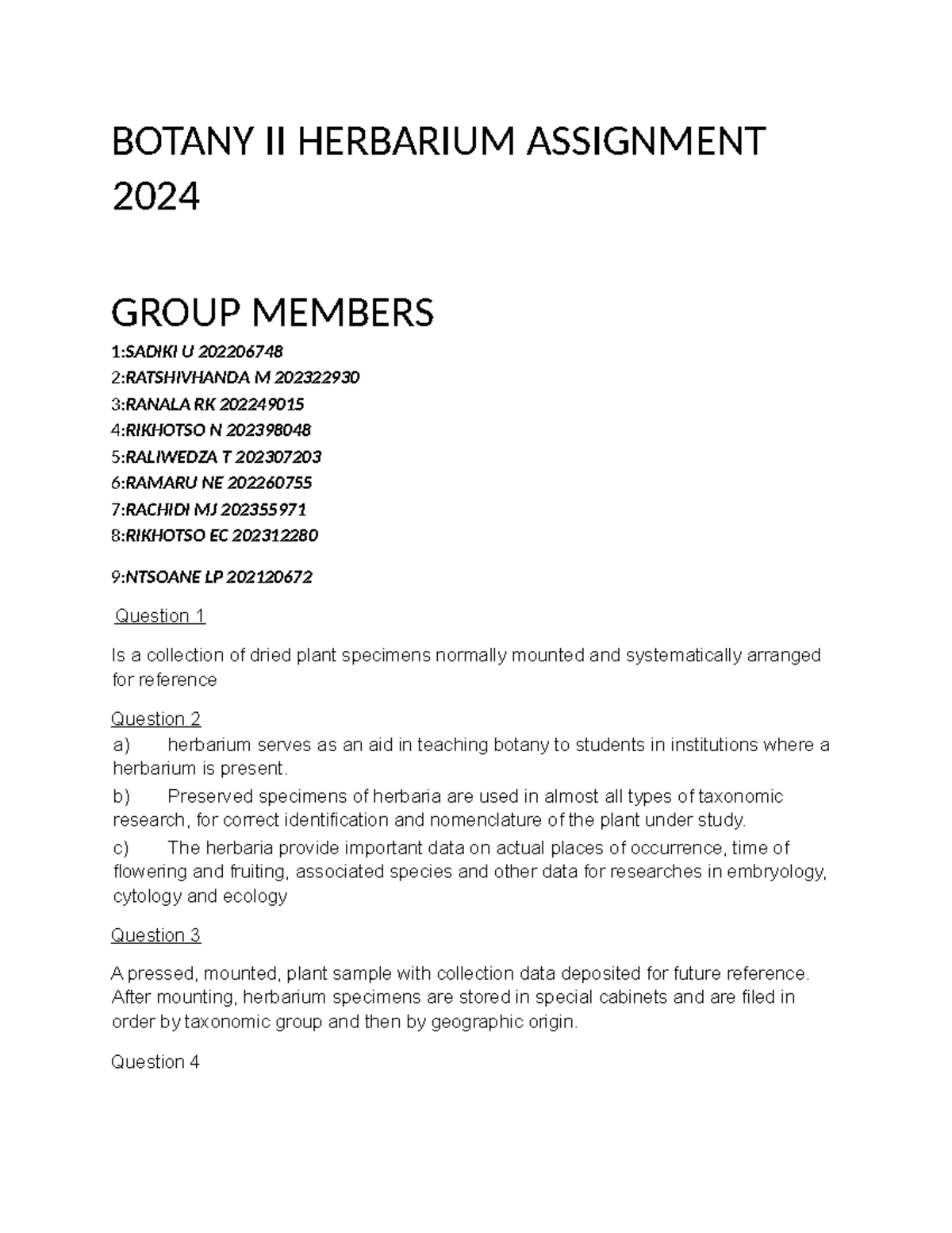 Botany Assignment - biology notes - BOTANY II HERBARIUM ASSIGNMENT 2024 ...