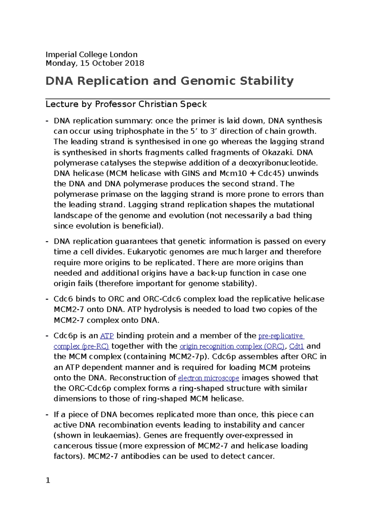 DNA Replication and Genomic Stability - 15 - Imperial College London ...