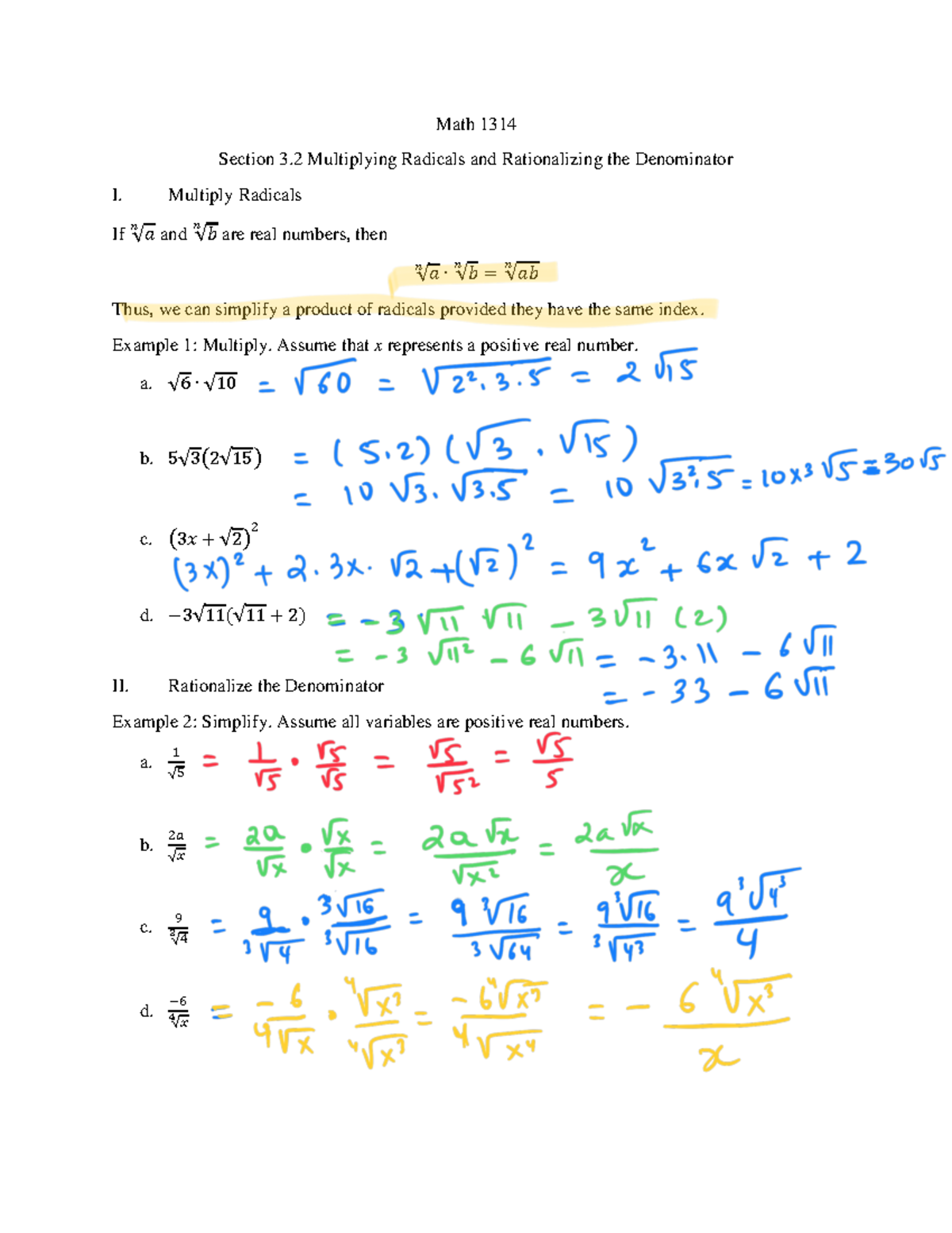 Section 3 - Math 1314 Section 3 Multiplying Radicals and Rationalizing ...