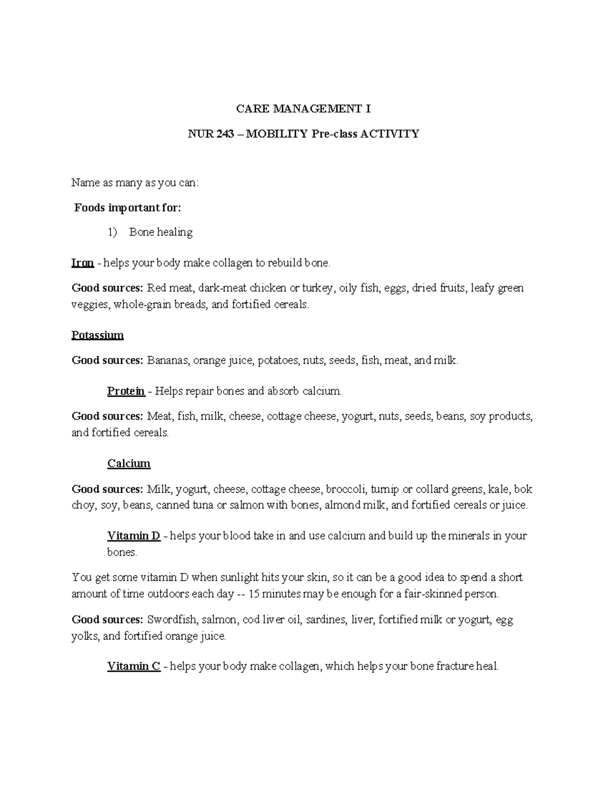 DUE 11 15 NUR 243 pre class - CARE MANAGEMENT I NUR 243 – MOBILITY Pre ...