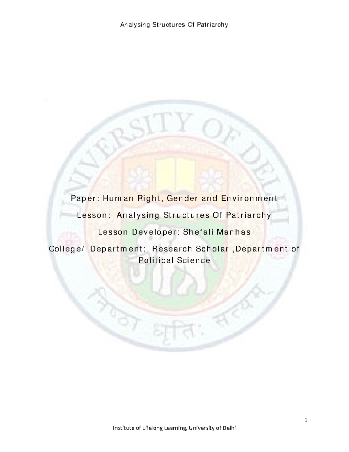Patriarchy- sources - 1 Pa pe r: H um a n Right , Ge nde r a nd Envir ...