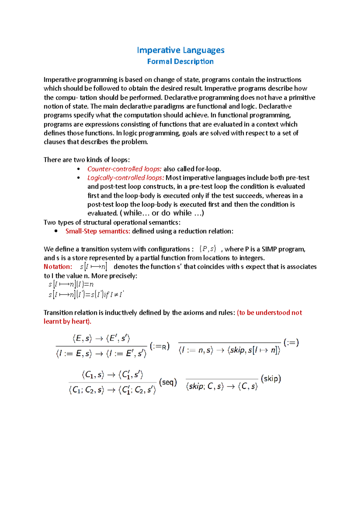 Lecture 4 - Summary Programming Language Design & Paradigms - Imperative Languages Formal - Studocu