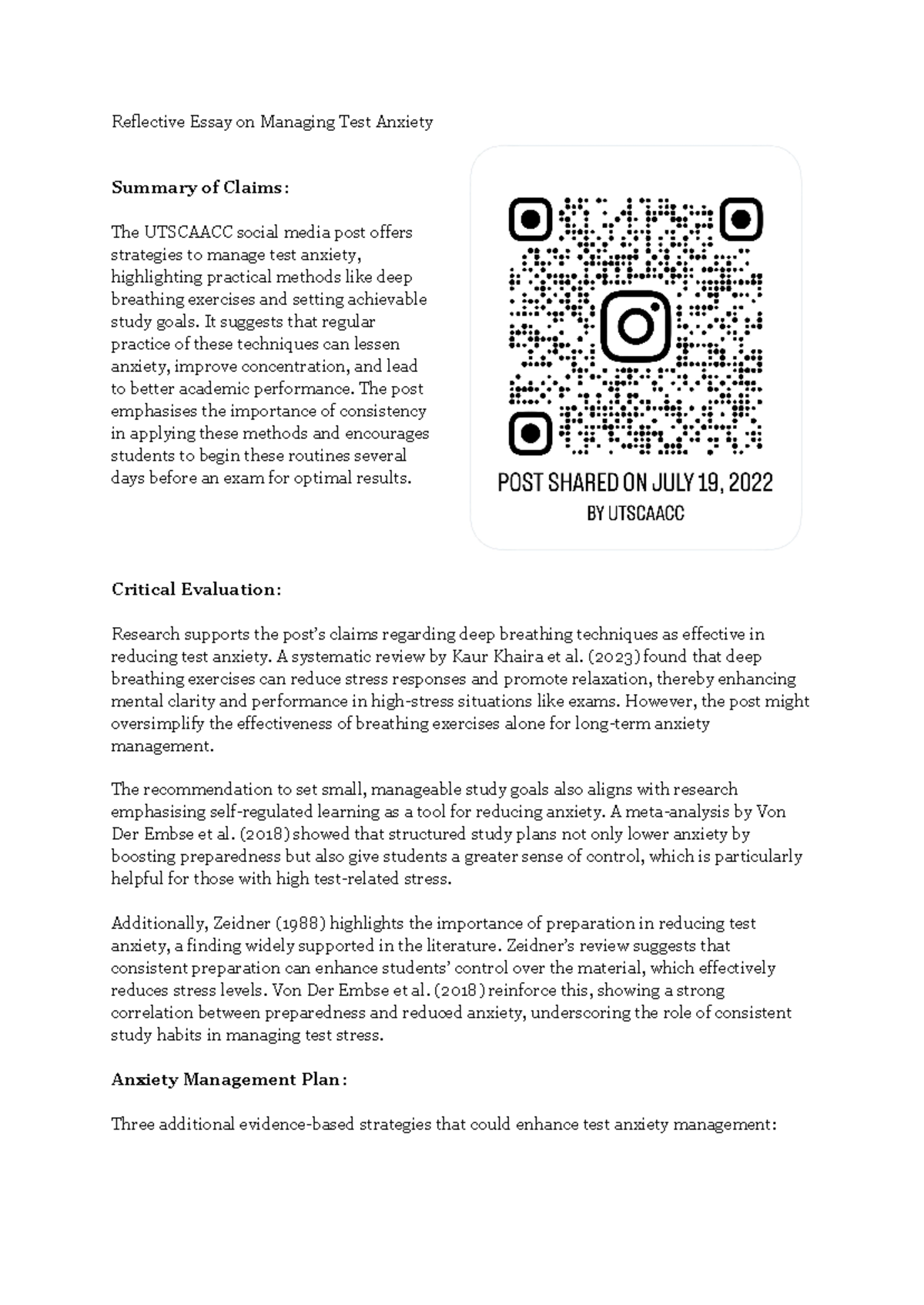 OLET1634 - Reflective Essay on Managing Test Anxiety - Reflective Essay ...