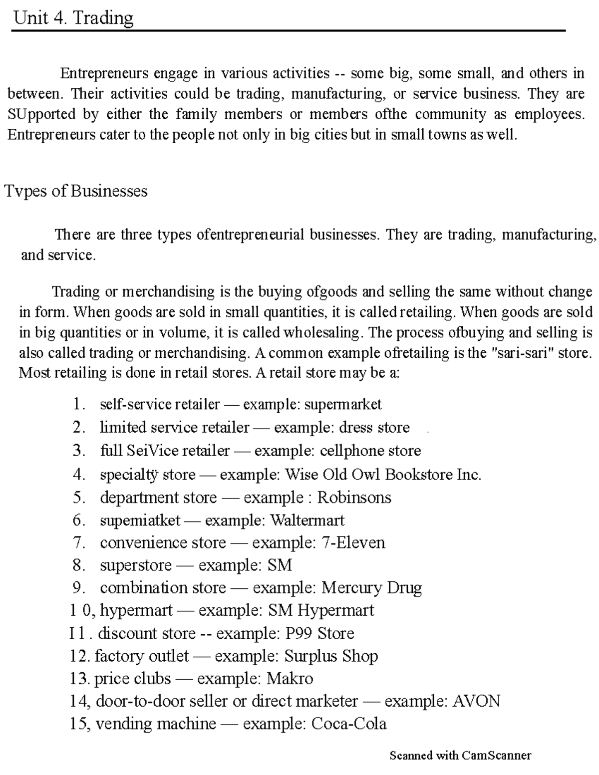 Chapter 4 Entrep - ####### Unit 4. Trading Entrepreneurs engage in ...