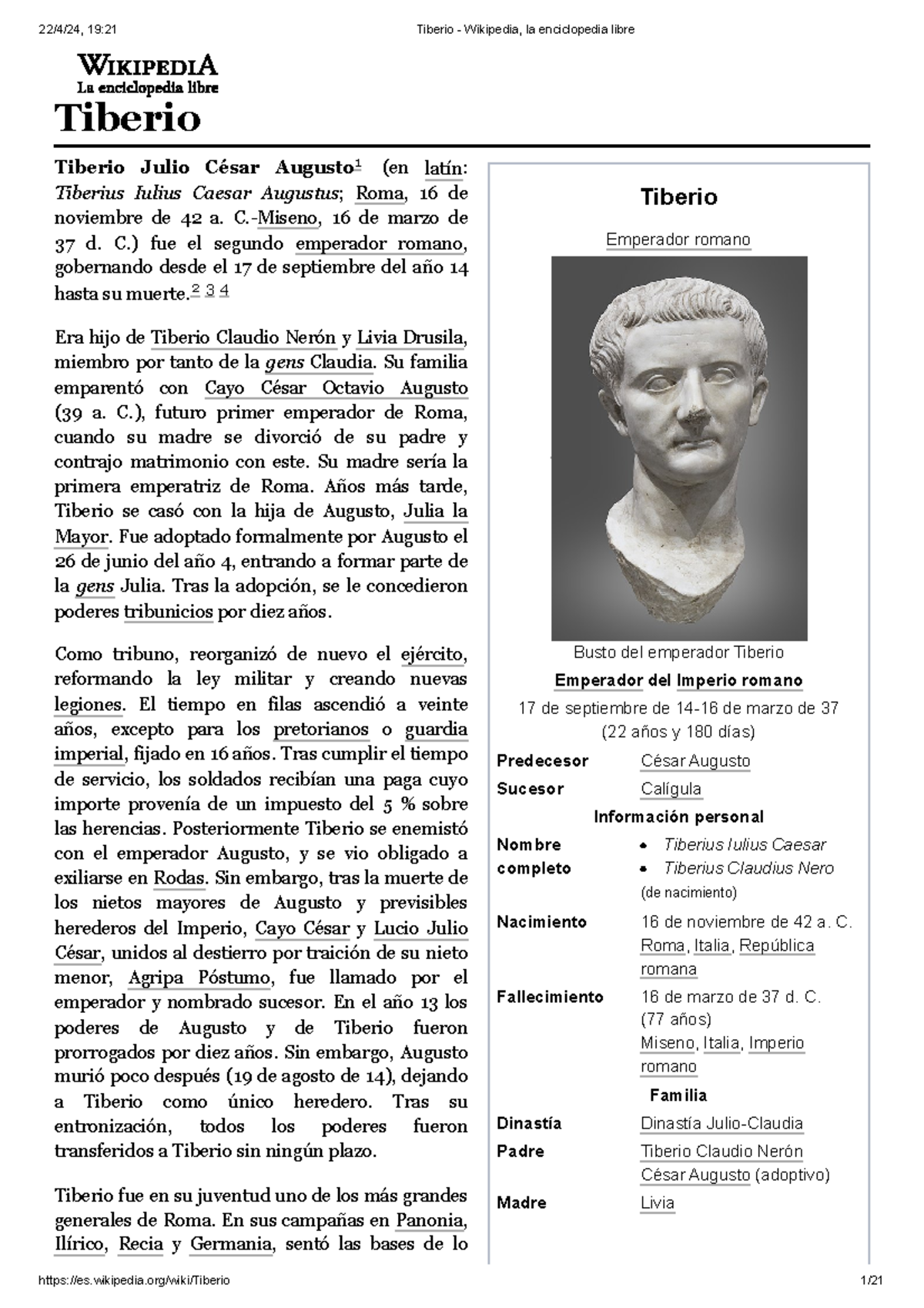 Tiberio - Wikipedia, la enciclopedia libre - Tiberio Emperador romano ...