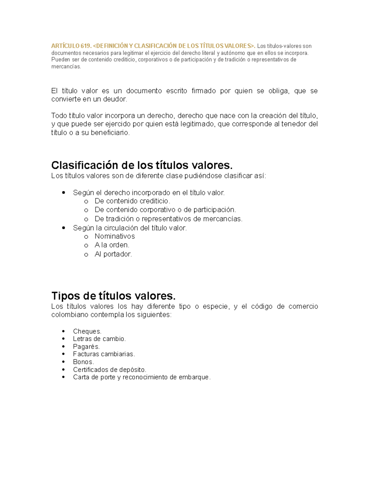 Titulos Valores - ARTÍCULO 619. . Los - Studocu