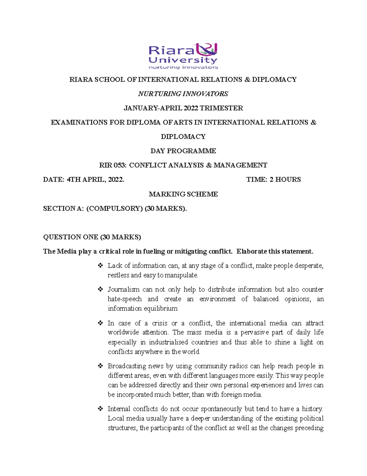 Marking Scheme Conflict - RIARA SCHOOL OF INTERNATIONAL RELATIONS ...