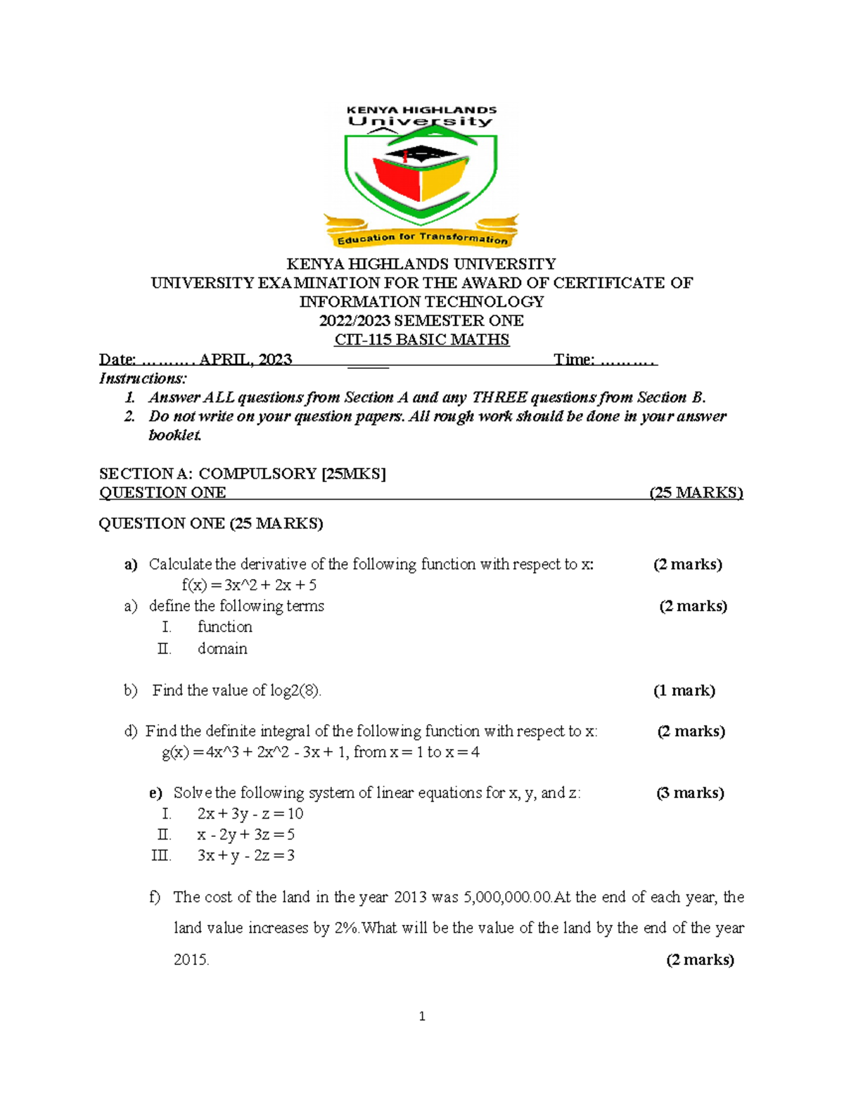 Basic-maths-paper - good - KENYA HIGHLANDS UNIVERSITY UNIVERSITY ...