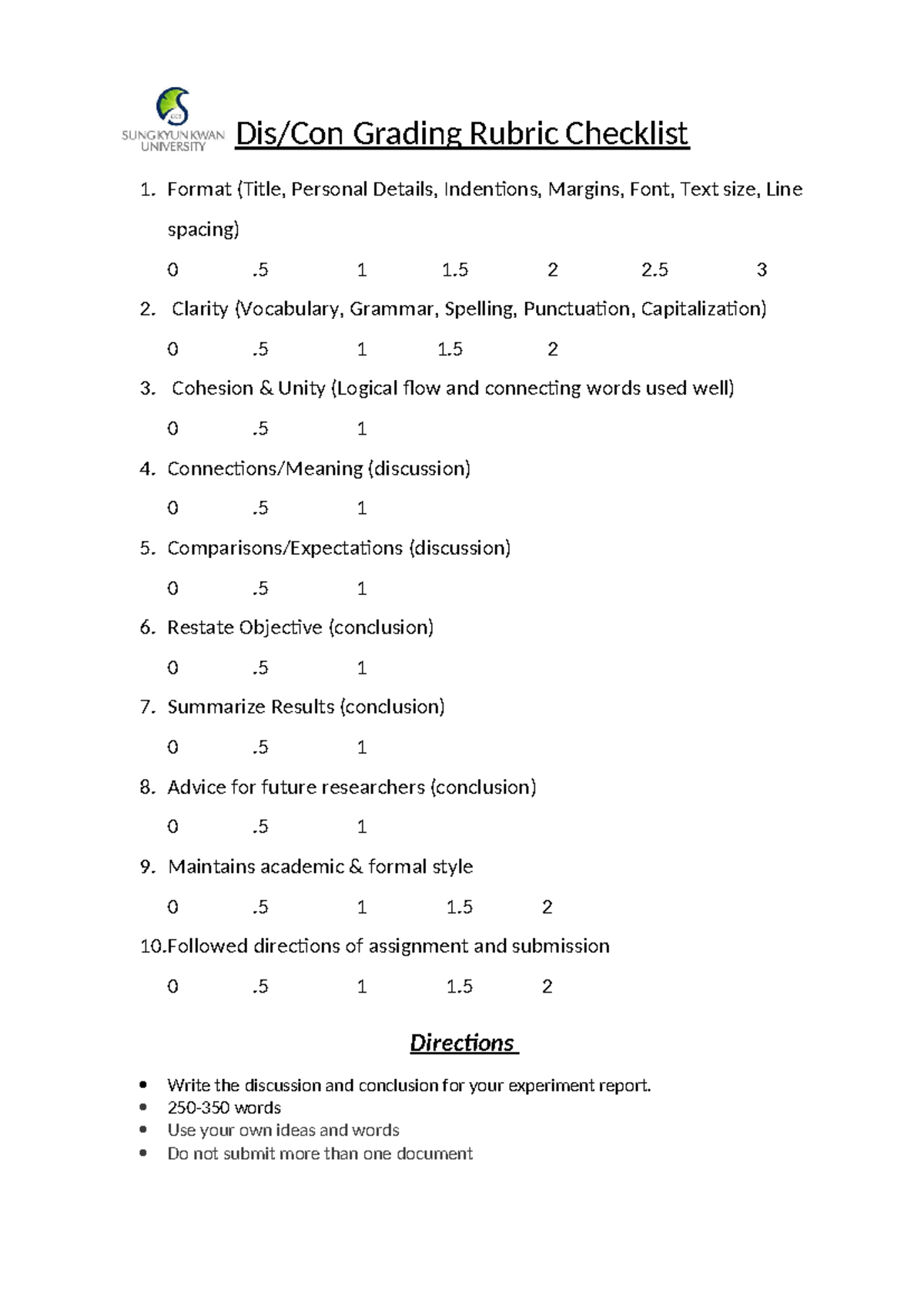 Conclusion rubric - it is good - Dis/Con Grading Rubric Checklist 1 ...