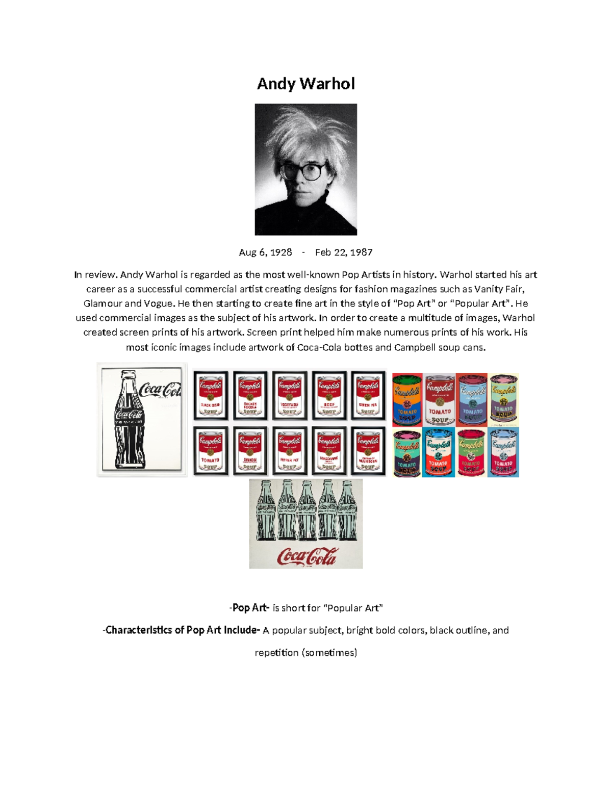 Asgmnt 2- Andy Warhol-Video-Quiz - Andy Warhol Aug 6, 1928 - Feb 22 ...