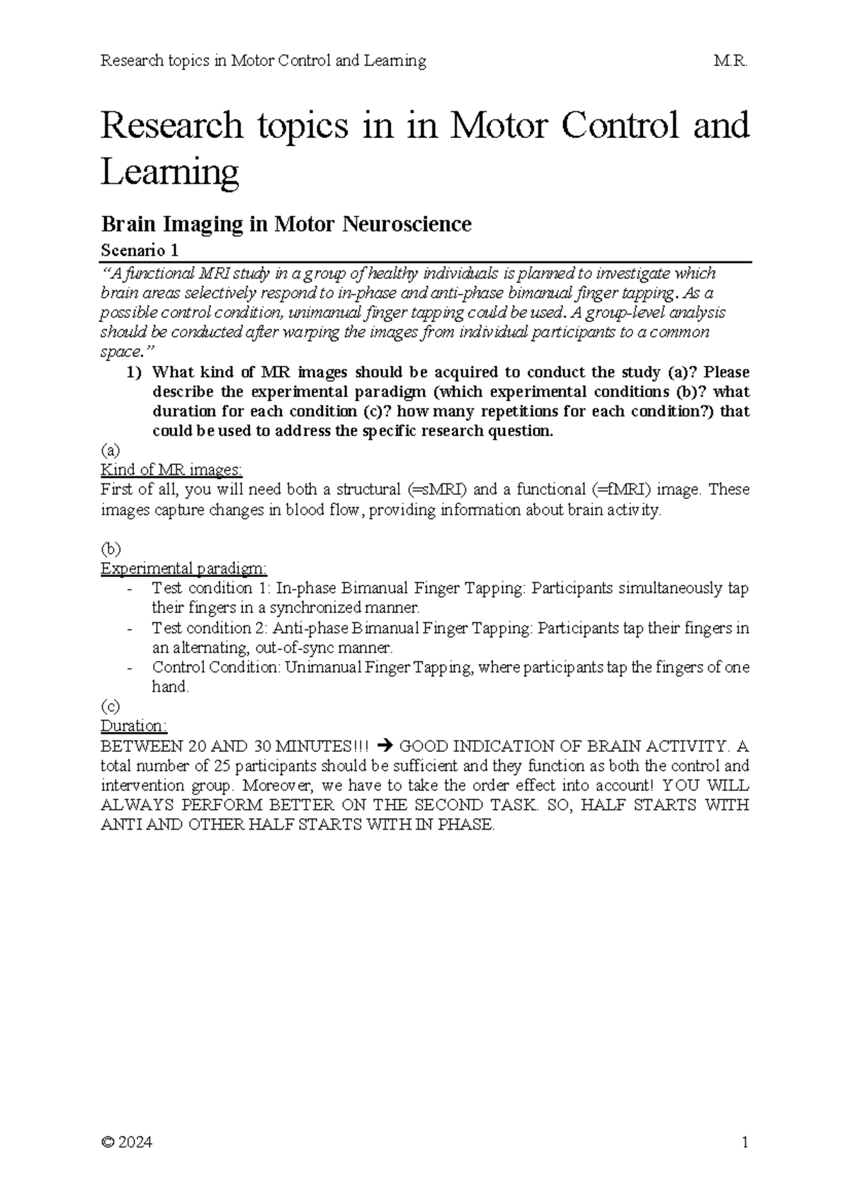 Scenarios Research topics in Motor Control and Learning - Research ...
