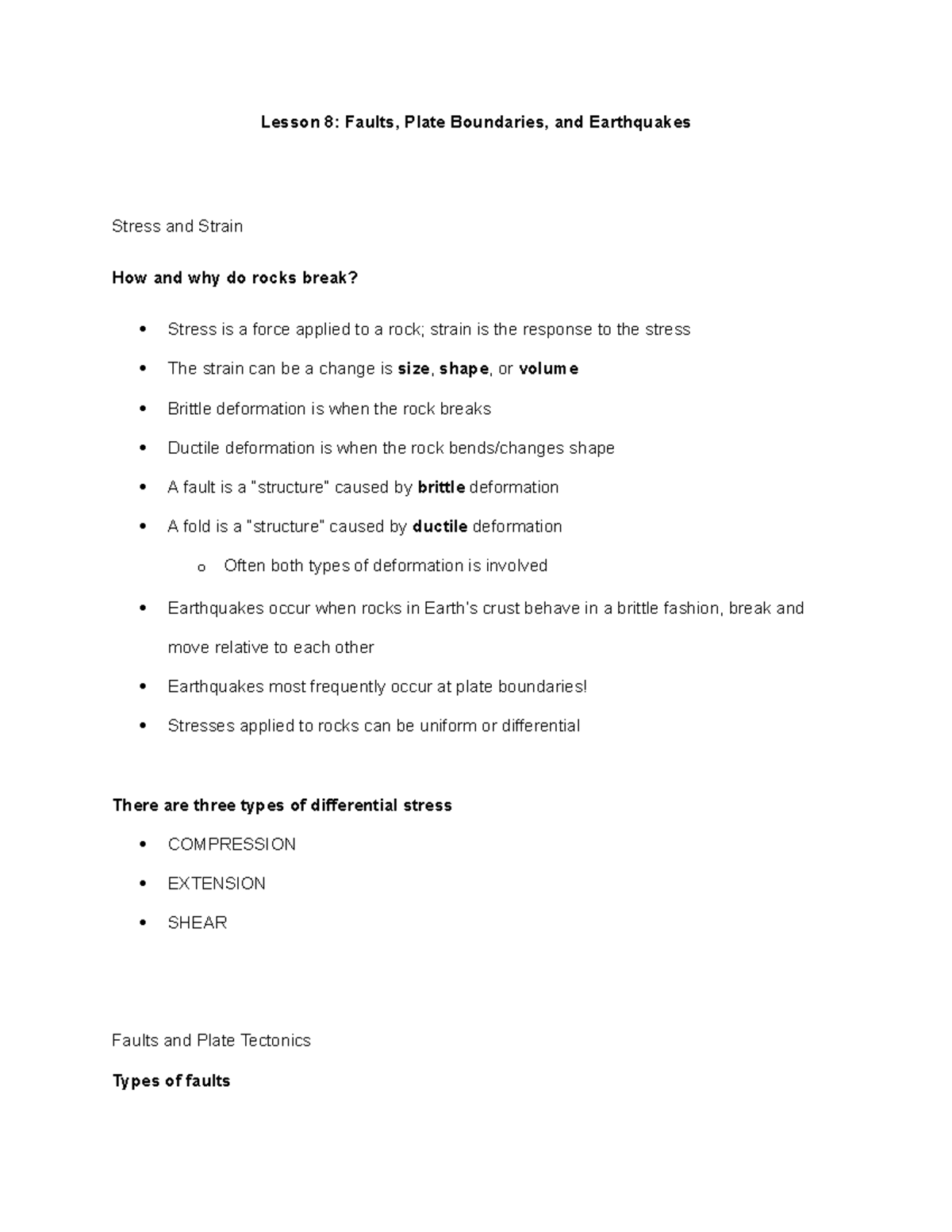 Lesson 8 Faults, Plate Boundaries, and Earthquakes - Lesson 8: Faults ...