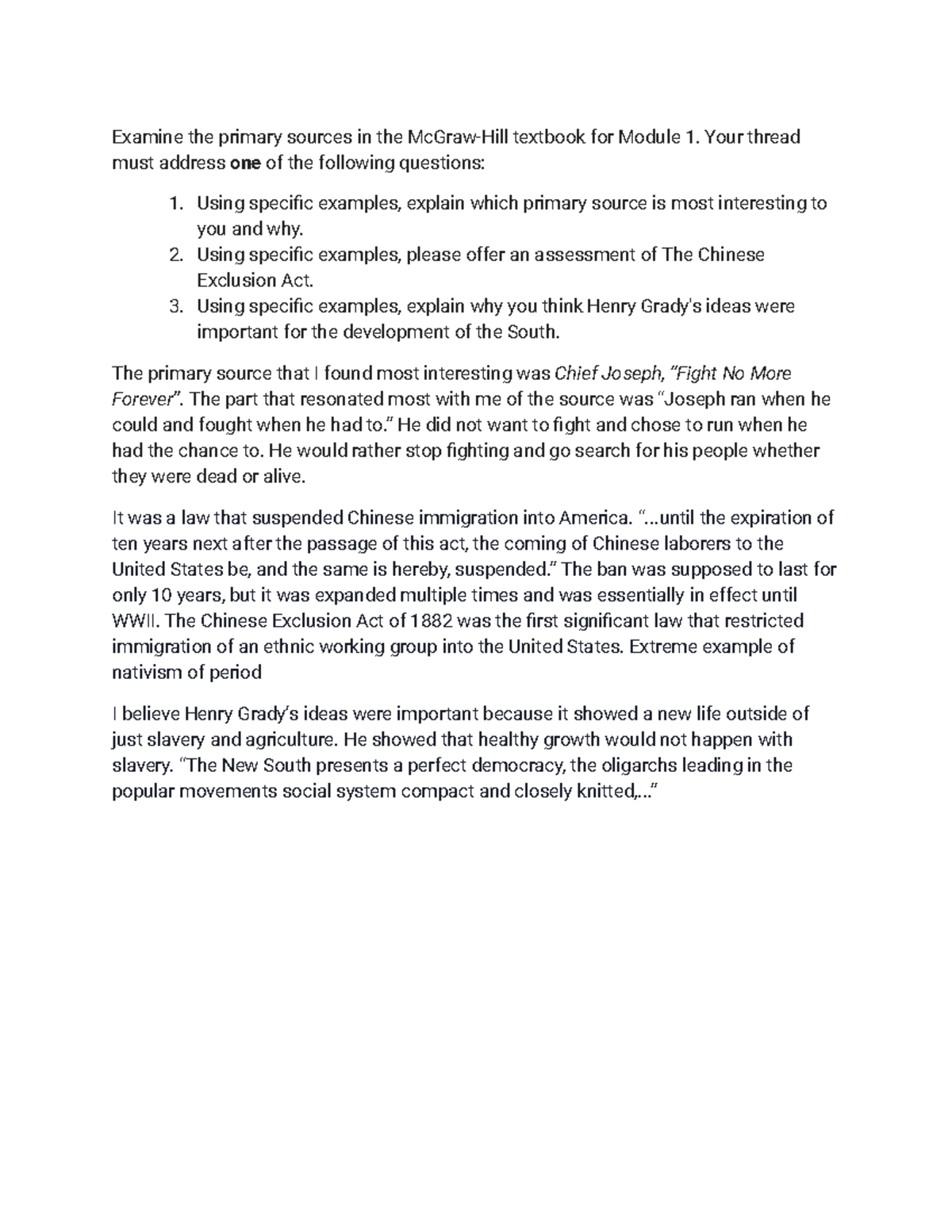 Primary Sources - HIUS 222 - Examine the primary sources in the McGraw ...