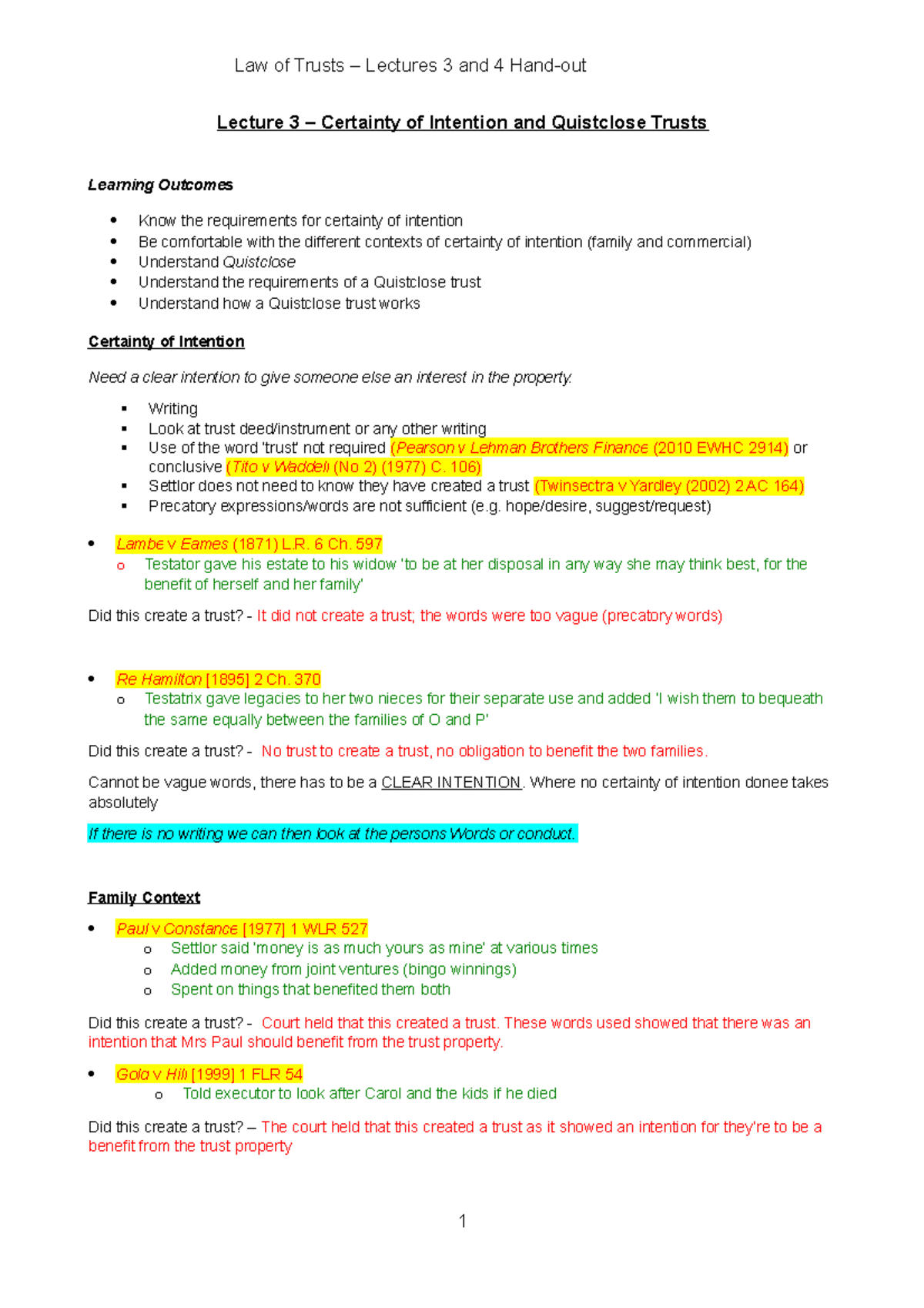 Certainty of Intention, Quistclose Trusts & Criticisms of Quistclose Trusts - Lecture 3 ...