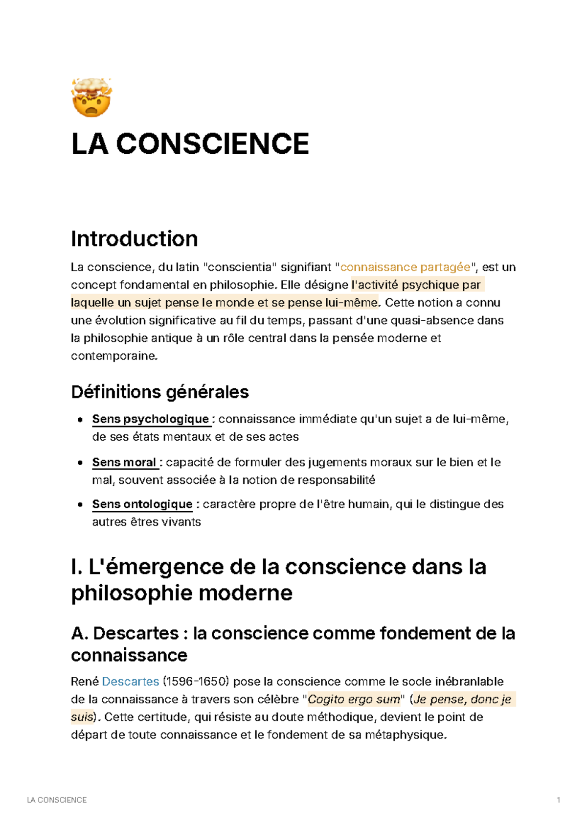 Philo LA Conscience - fiche - 🤯 LA CONSCIENCE Introduction La ...