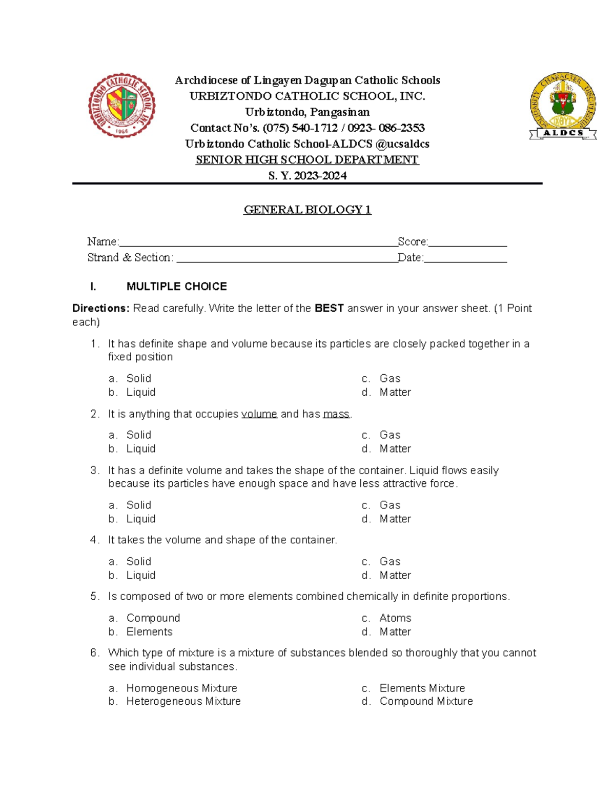 EXAM-General-Biology-1 - Archdiocese of Lingayen Dagupan Catholic ...