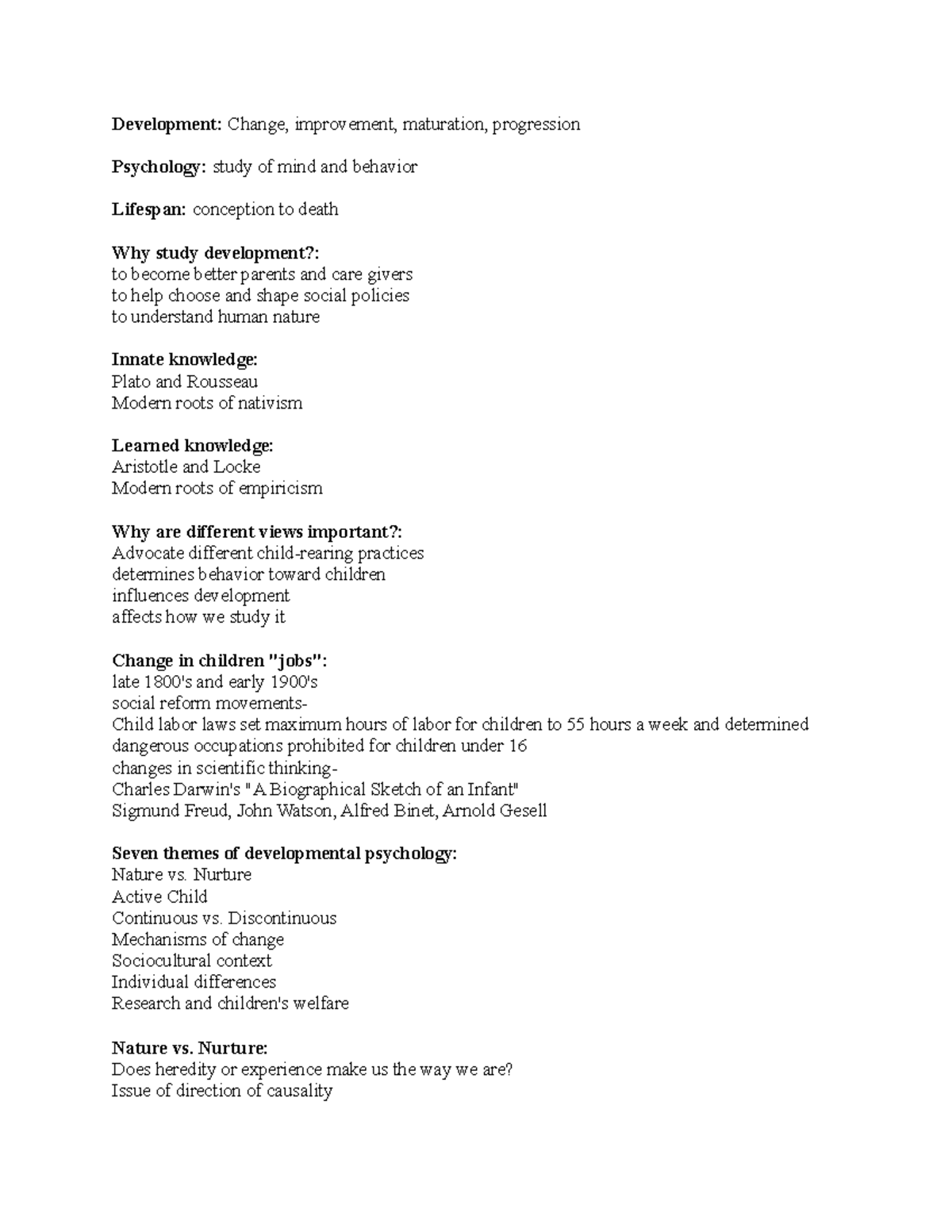 Developmental psychology test #1 notes - Development: Change ...