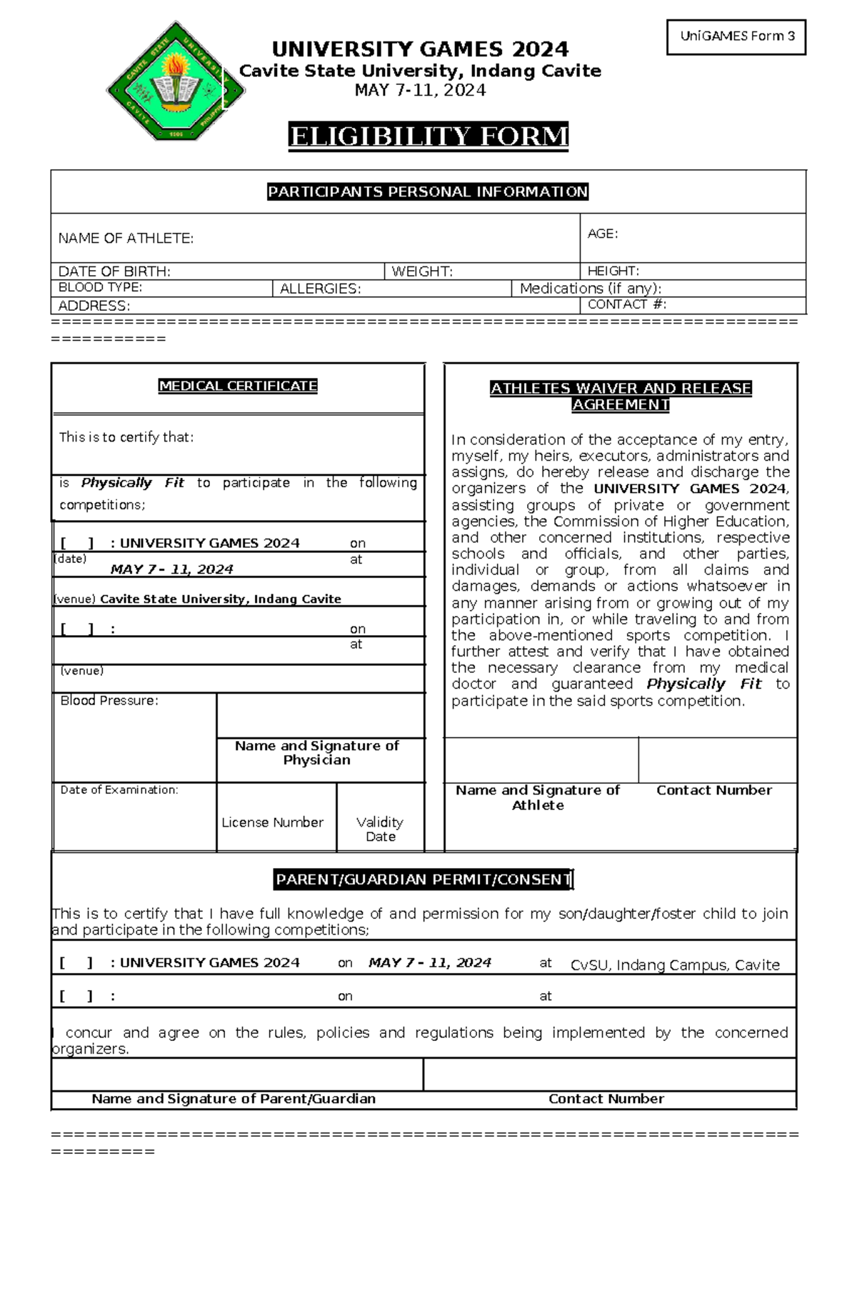 FORM-3-Uni Games 2024 - ELIGIBILITY FORM PARTICIPANTS PERSONAL ...