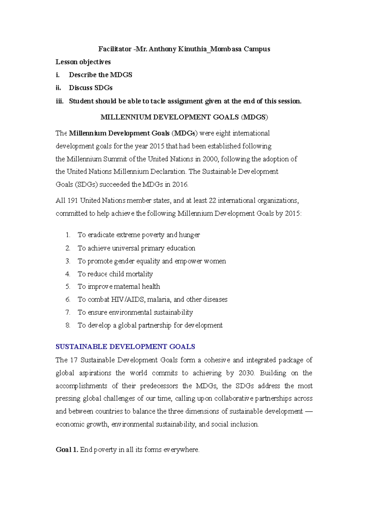 SDG AND MDG - Lecture notes 2 - Facilitator -Mr. Anthony Kinuthia ...