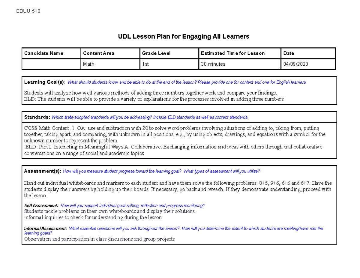EDUU 510 Week 5 Assignment UDL Lesson Plan - EDUU 510 UDL Lesson Plan ...