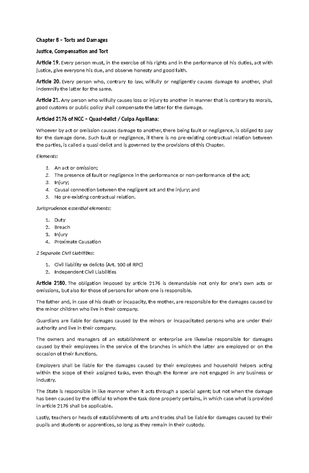 Chapter 8 - Philo of Law - Chapter 8 – Torts and Damages Justice, Compensation and Tort Article ...