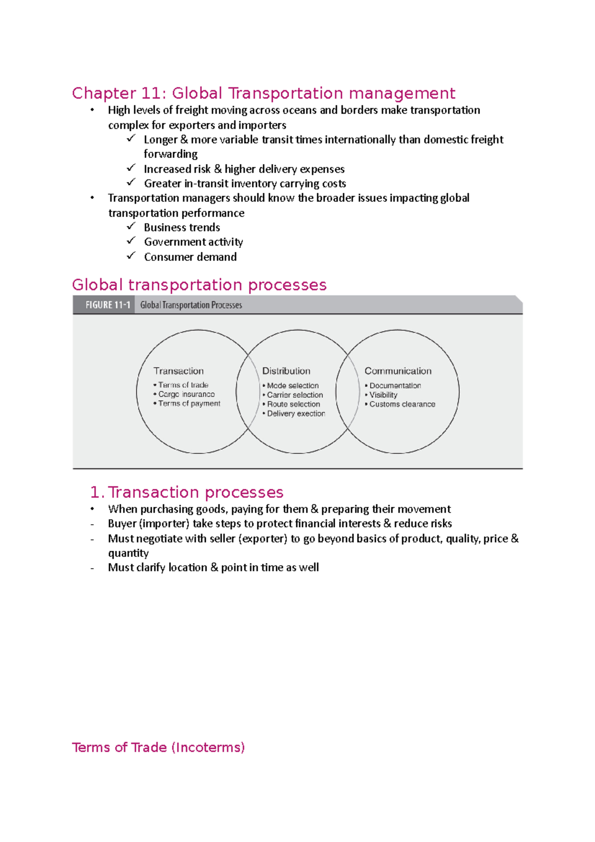Chapter 11 notes transportation - Chapter 11: Global Transportation ...