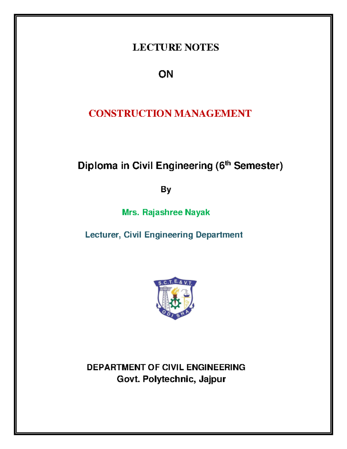 Consruction Management - LECTURE NOTES ON CONSTRUCTION MANAGEMENT ...