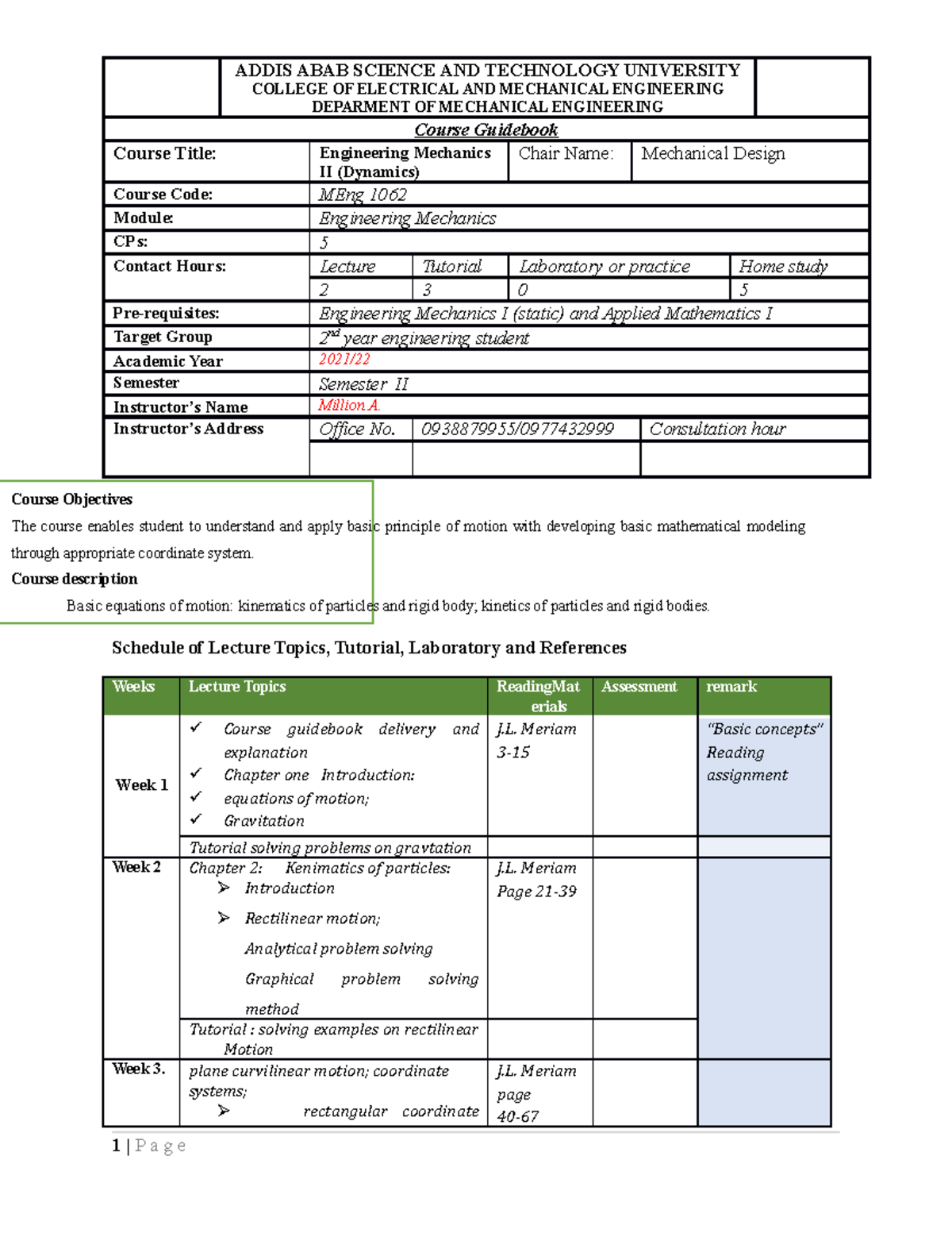 New Course Guide Book For dynamics - ADDIS ABAB SCIENCE AND TECHNOLOGY ...
