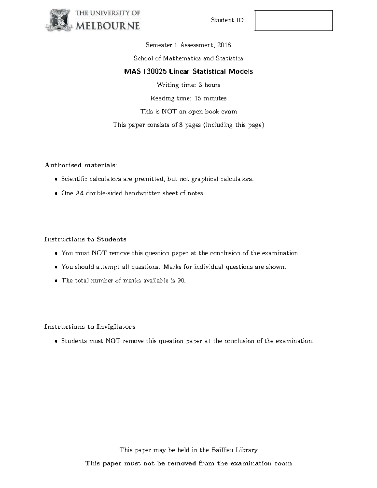 16 MAST30025 2016 525 - 2016 past exam - Student ID Semester 1 Assessment, 2016 School of - Studocu