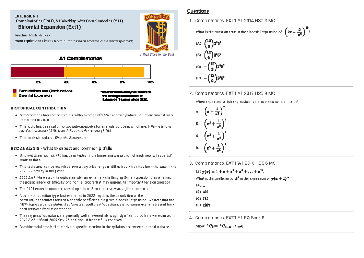 Binomial Expansion (Y11) - EXTENSION 1 Combinatorics (Ext1), A1 Working ...