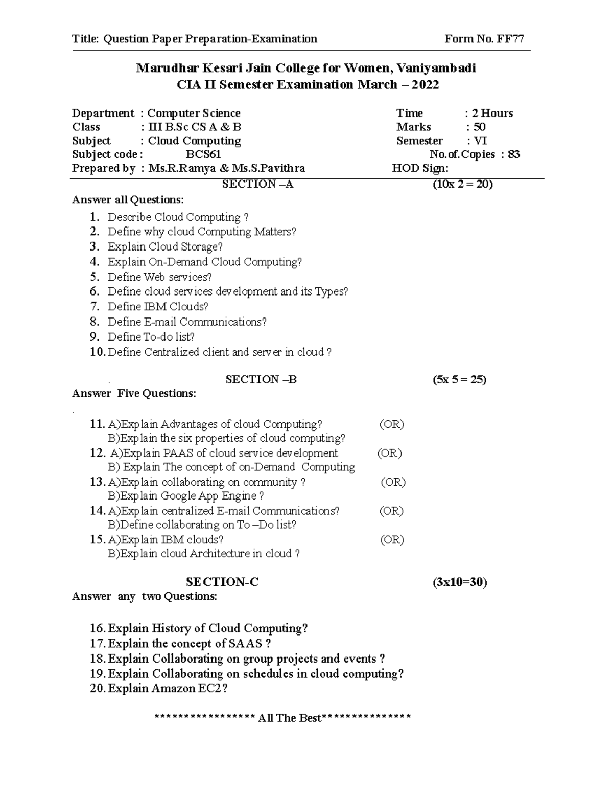 Cc c2 - notes - Title: Question Paper Preparation-Examination Form No ...